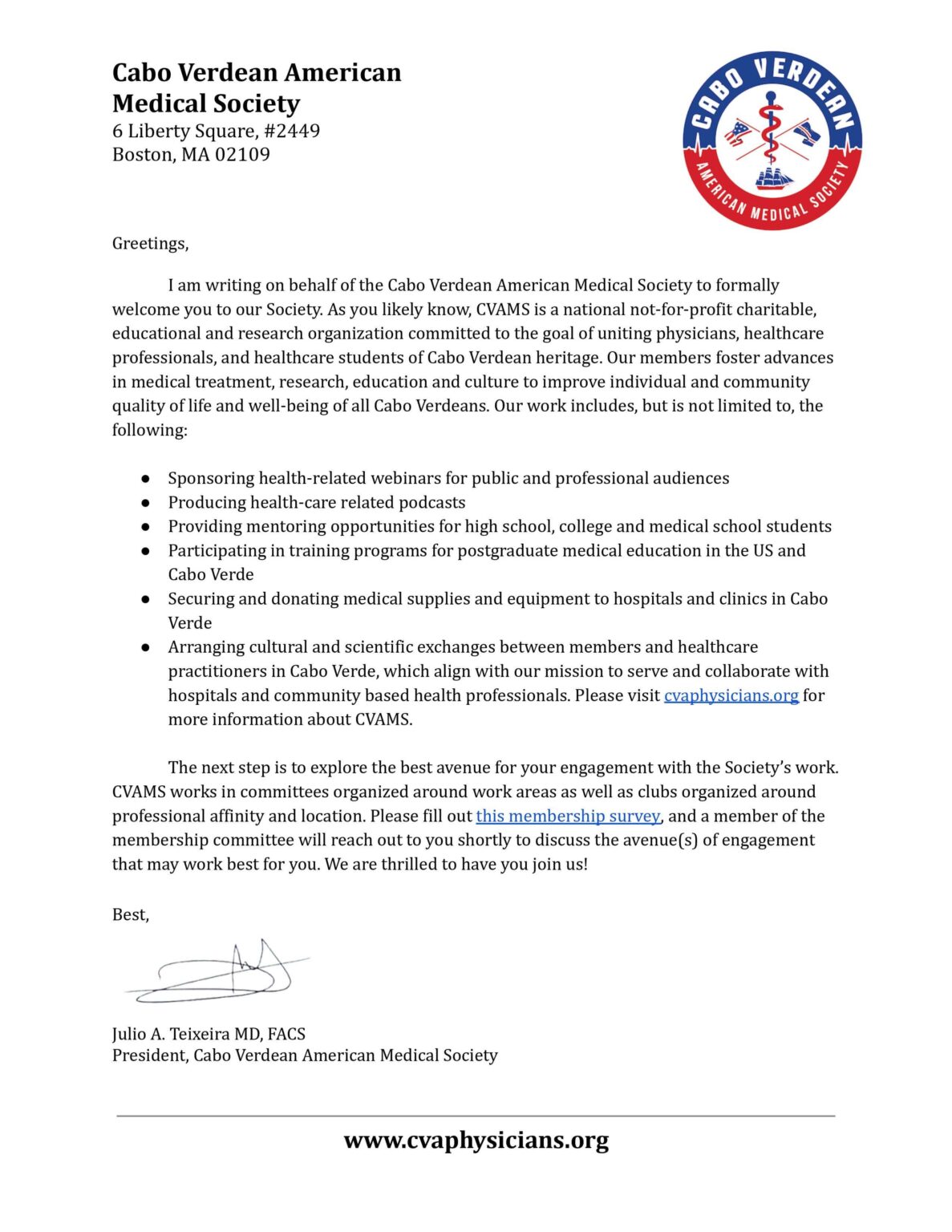 Welcome Letter - Cabo Verdean American Medical Society